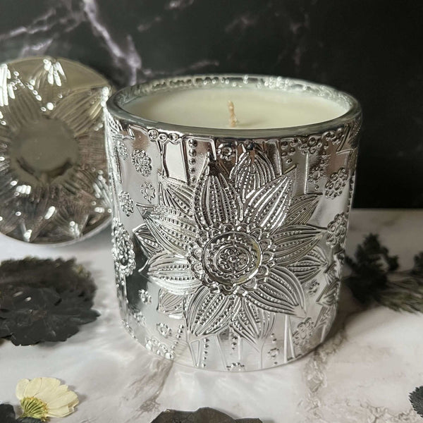 Black Currant & Jasmine- Lotus Glass 9.5 oz Candle (Silver) – August 75 ...